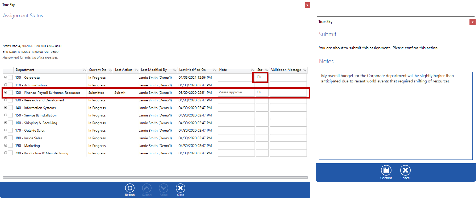 Assignment Status Window & Assignment Driver Submission Note Window ...