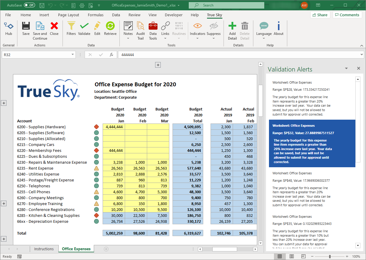 Data Validation Alerts Pane | True Sky